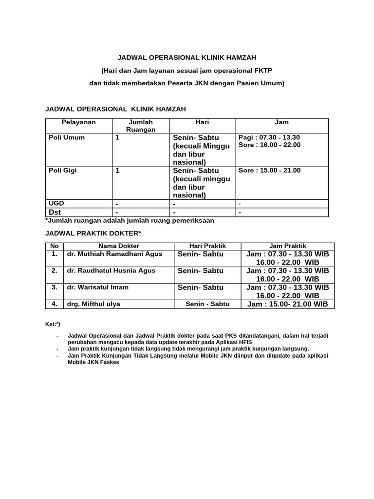 JADWAL_OPERASIONAL_KLINIK_HAMZAH | PDF
