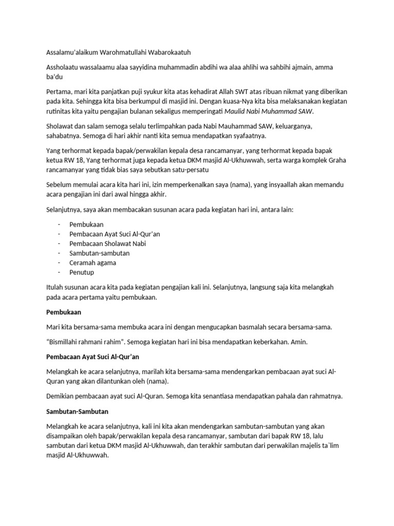 Teks MC Pengajian 14 Oktober 2023 | PDF