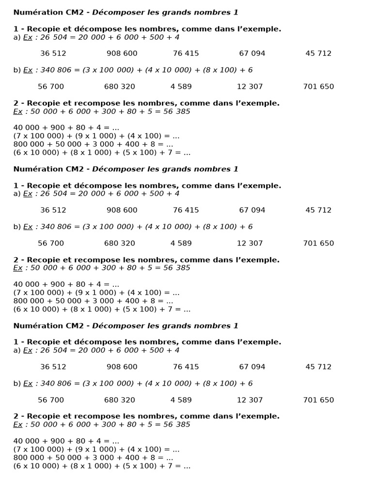 Décomposition des grands nombres CM2 | PDF