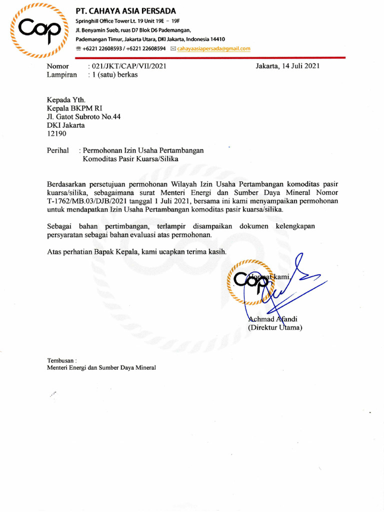 Permohonan IUP Eksplorasi PT CAP (24.680ha) | PDF