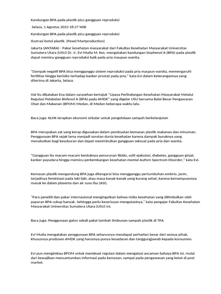 Kandungan BPA pada plastik picu gangguan reproduksi | PDF