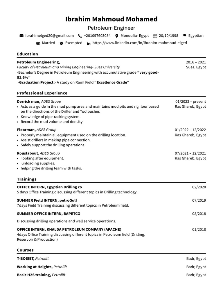 Ibrahim - Mahmoud - Petroleum Engineer Resume | PDF | Egypt | Oil Well