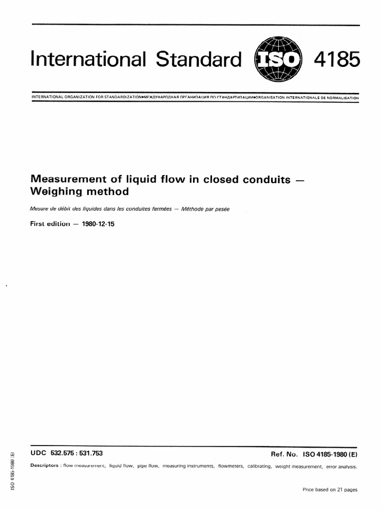 ISO 4185-1980 Liquid Low in Closed Weighing Method | PDF | Flow ...