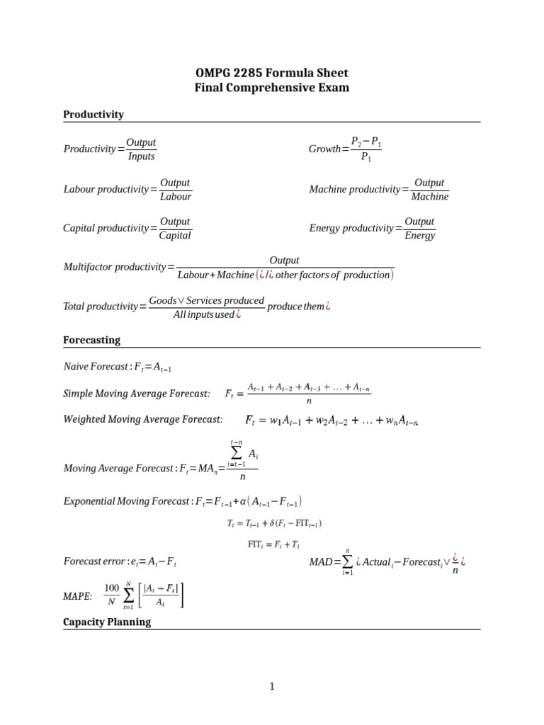 Formula Sheet for Comprehensive Final Exam 2023 (1) | PDF | Forecasting | Applied Mathematics