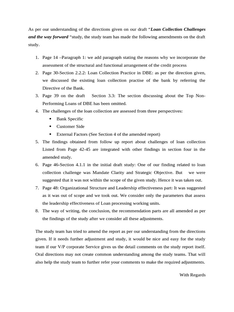 Amendments to Loan Collection Study Report | PDF