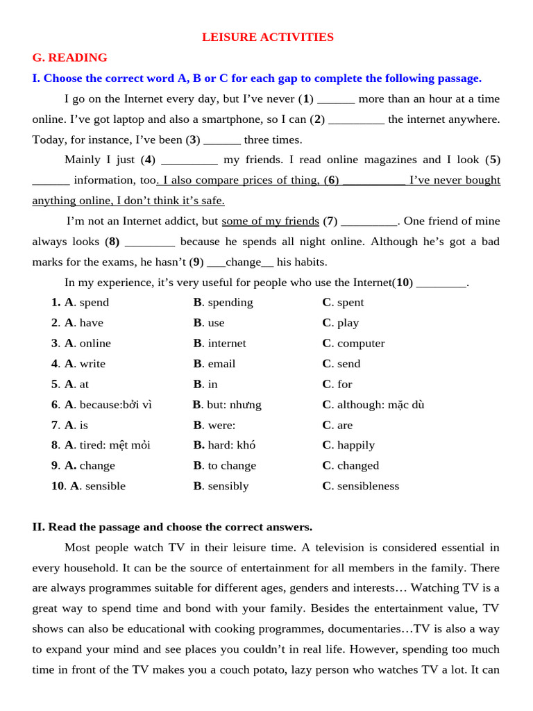 Bài tập Anh 8 theo chuyên đề 7. READING E8 (UNIT 1-6) N | PDF