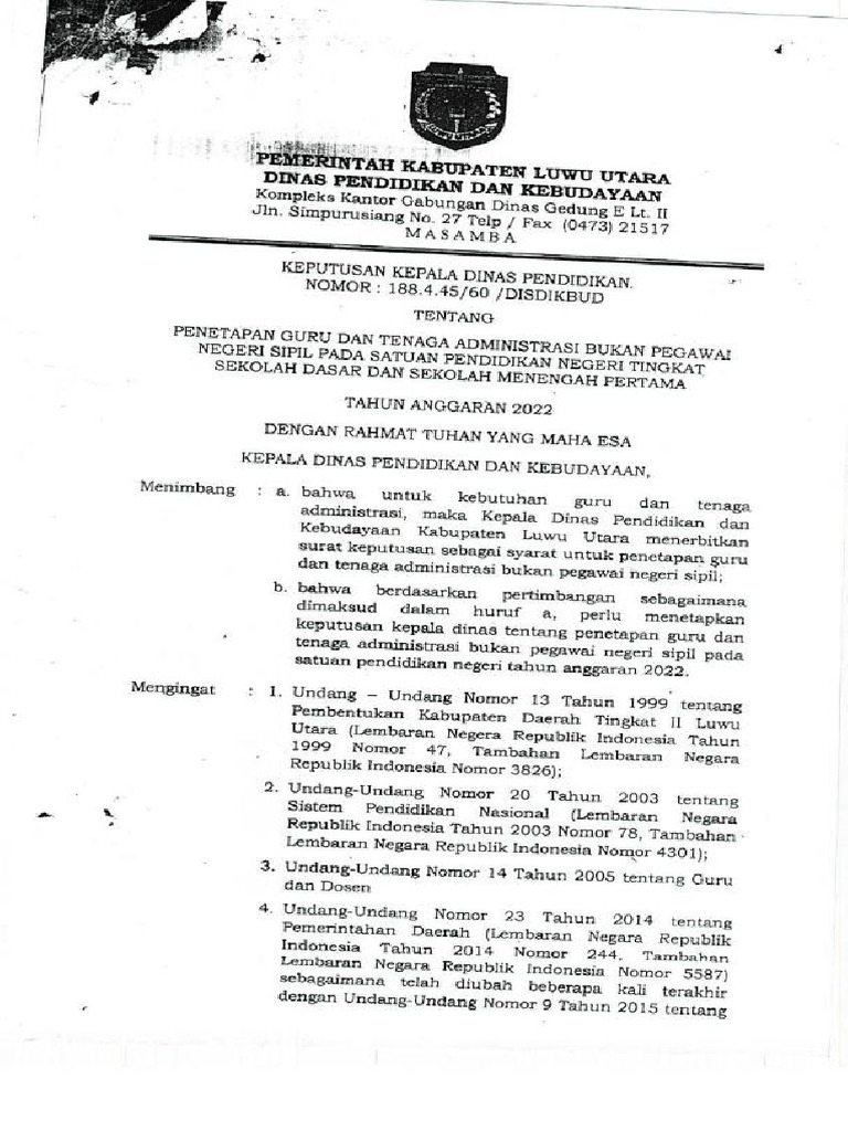 SK Penugasan PTK Disdikbud Lutra 2022 | PDF