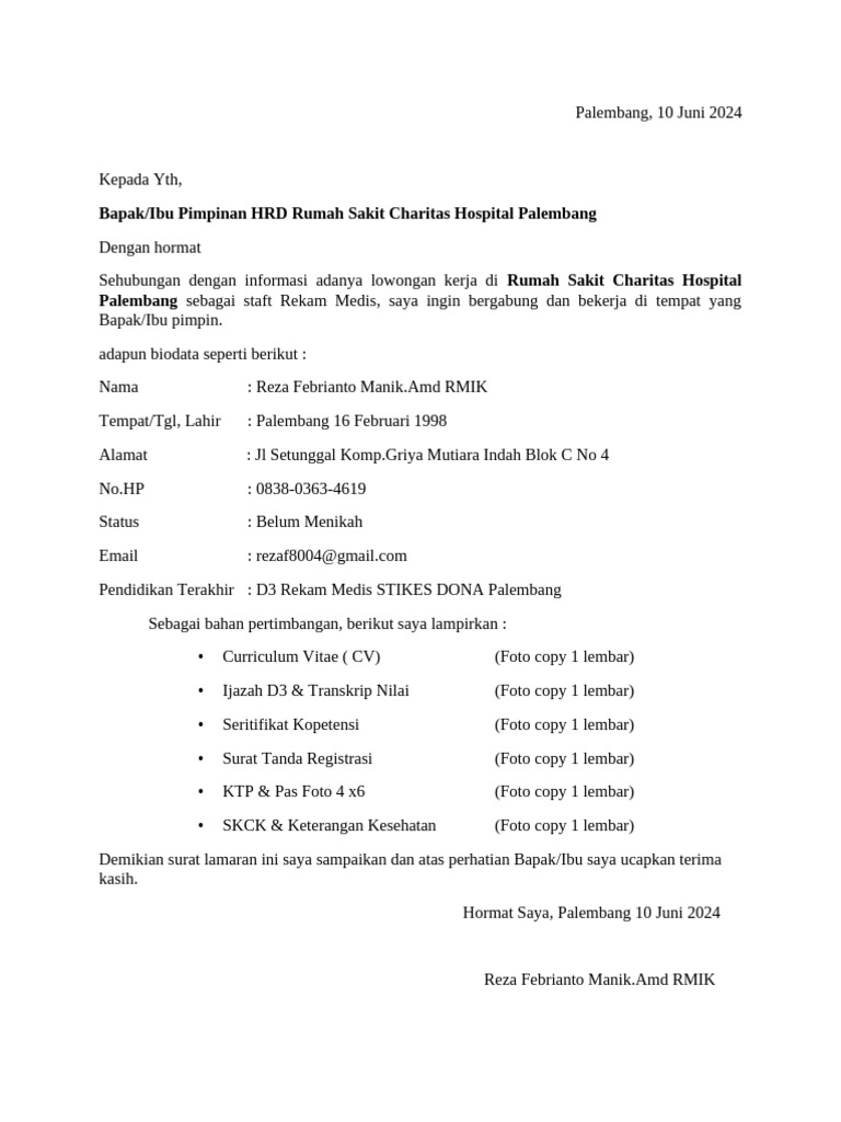 Surat Lamaran Kerja Reza Febrianto Manik | PDF