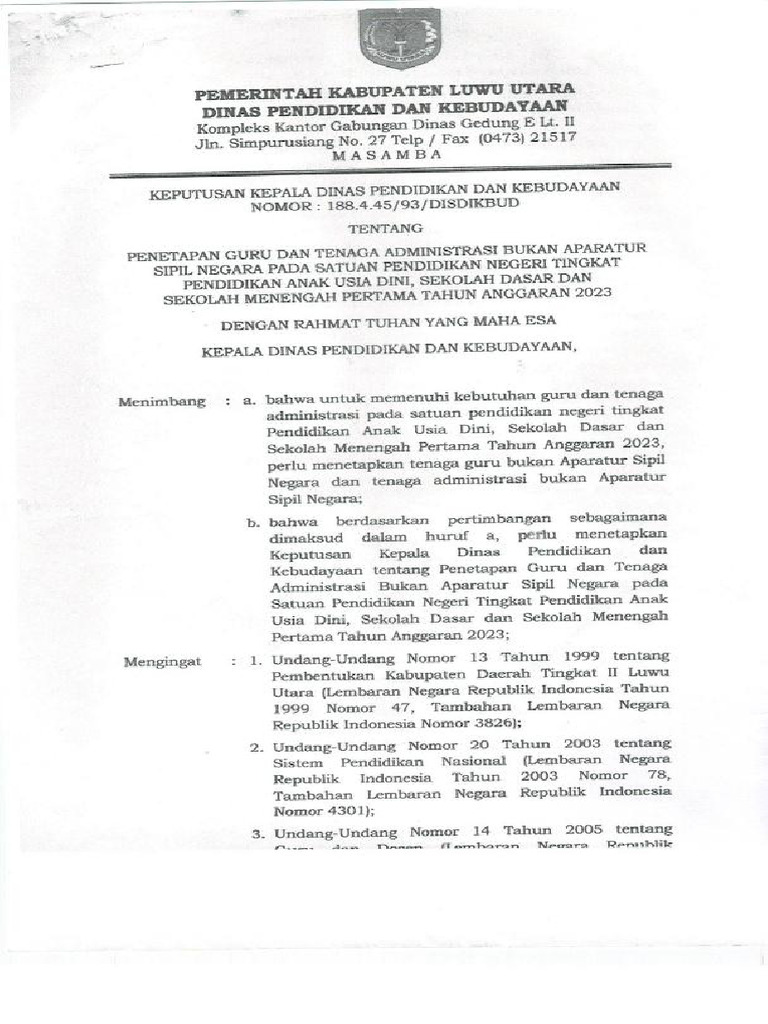 SK Penugasan PTK Disdikbud Lutra 2023 | PDF