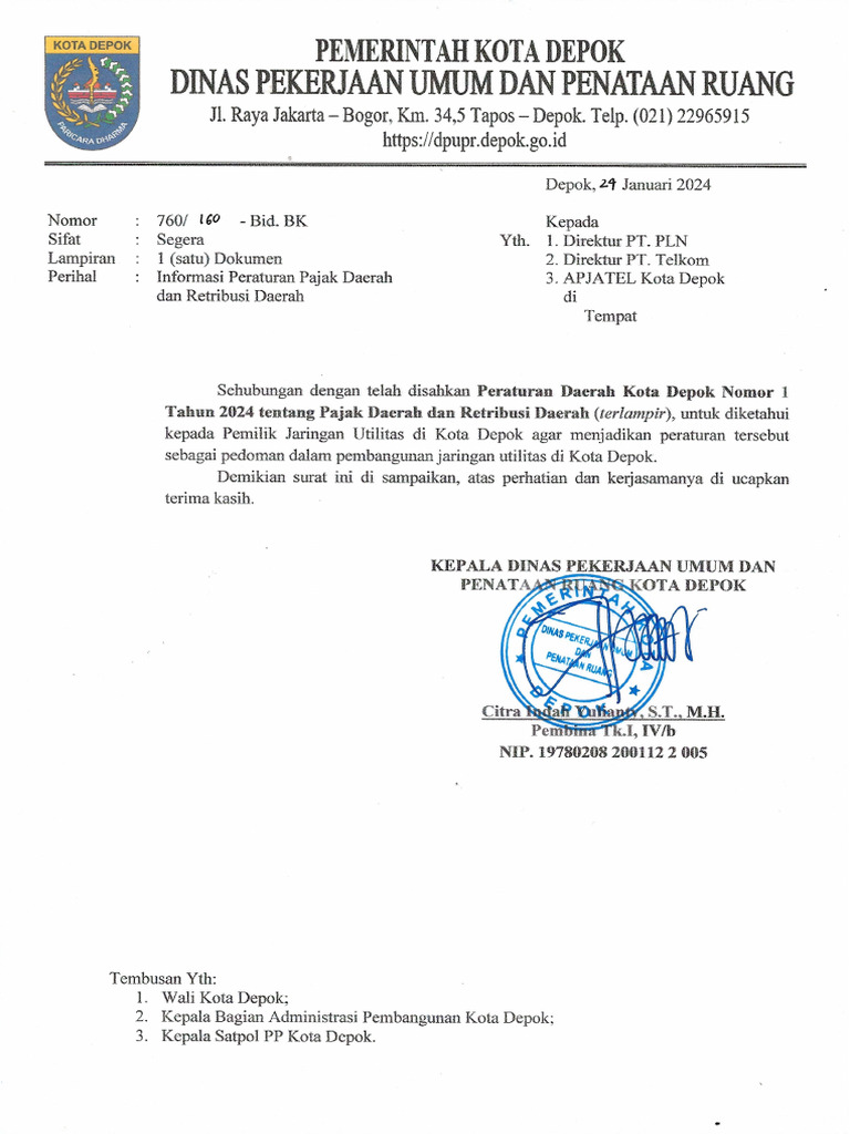 Surat Pemberitahuan Perda PDRD Dan Lampiran Perda | PDF