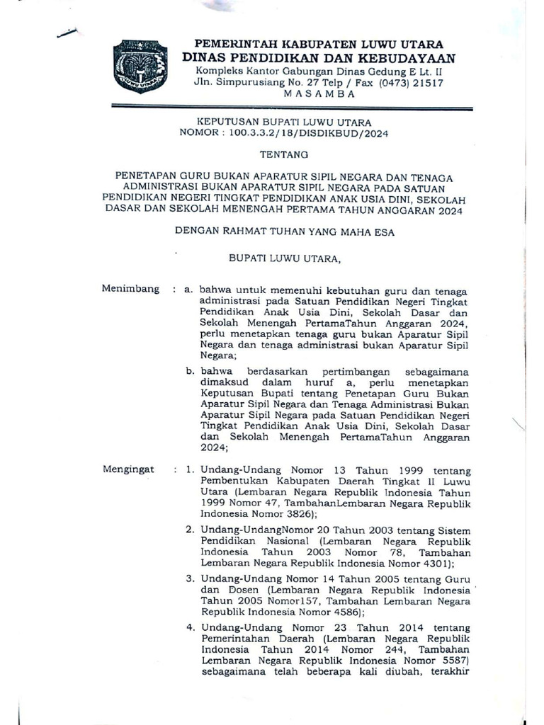 SK Penugasan PTK Disdikbud Lutra 2024 | PDF