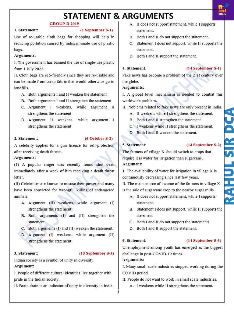 Statement & Argument Pyq - 17792637 | PDF | Recycling