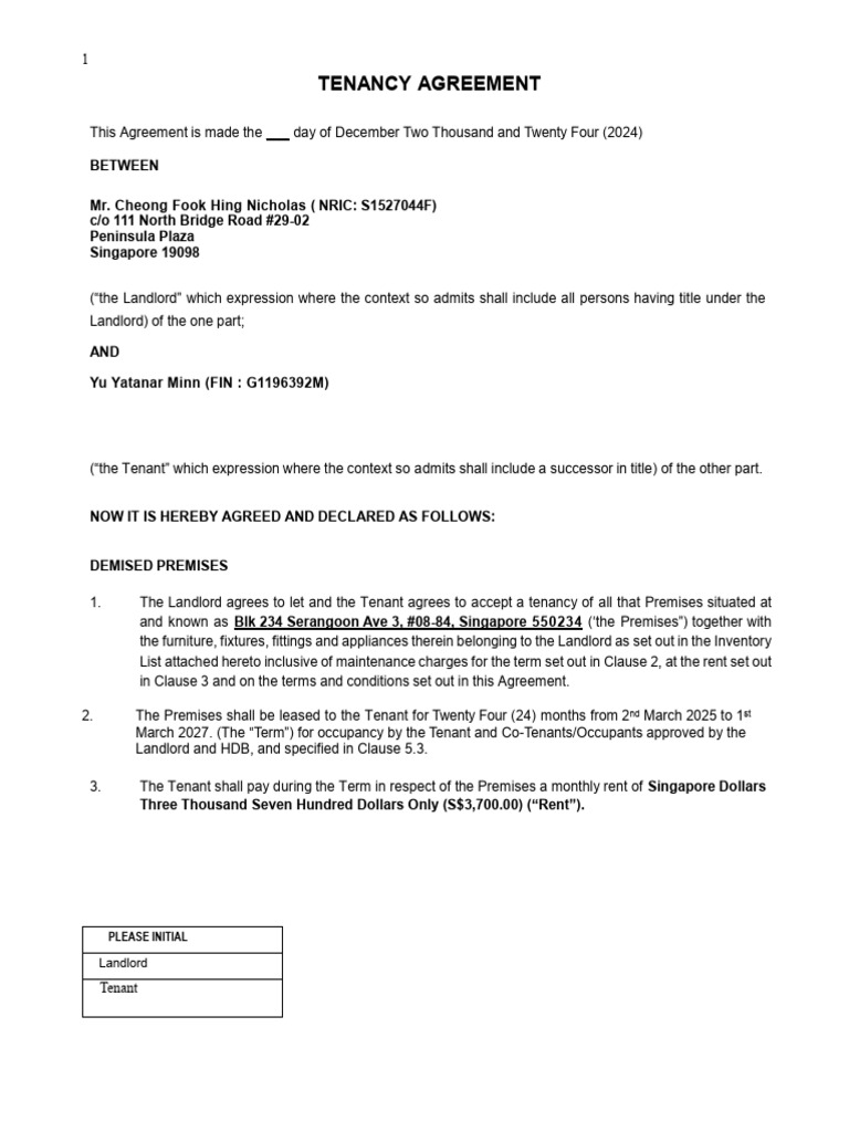 Tenancy Agreement Blk 234 2023 23 Dec 2024 | PDF | Leasehold Estate ...