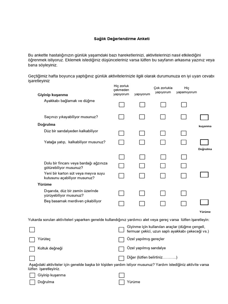 Sağlık Değerlendirme Anketi: Giyinip Kuşanma | PDF