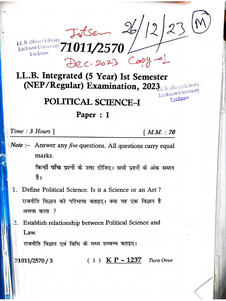Political Science Paper 2023 | PDF