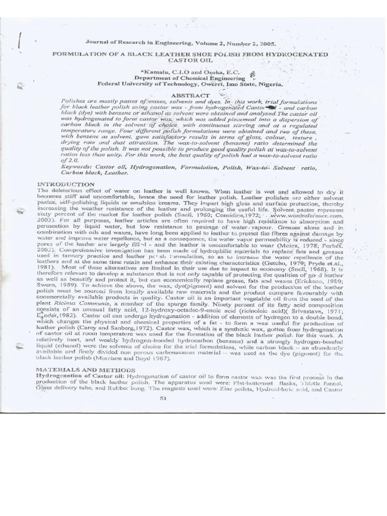 Paper 1 Formulationofablackleathershoepolishfromcastoroil | PDF