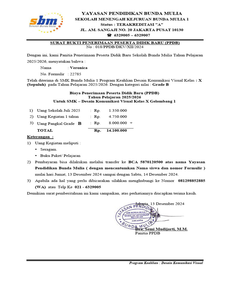 SURAT KETERANGAN PPDB (DKV) Veronica | PDF