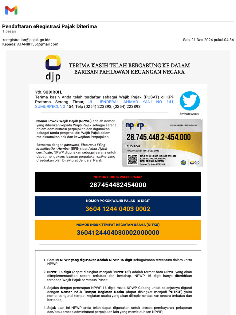 Gmail - Pendaftaran eRegistrasi Pajak Diterima | PDF