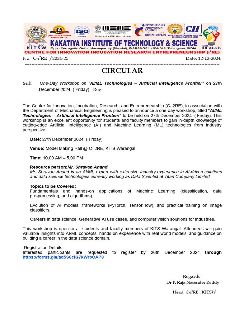 One Day Workshop On AIML Technologies Artificial Intelligence Frontier ...