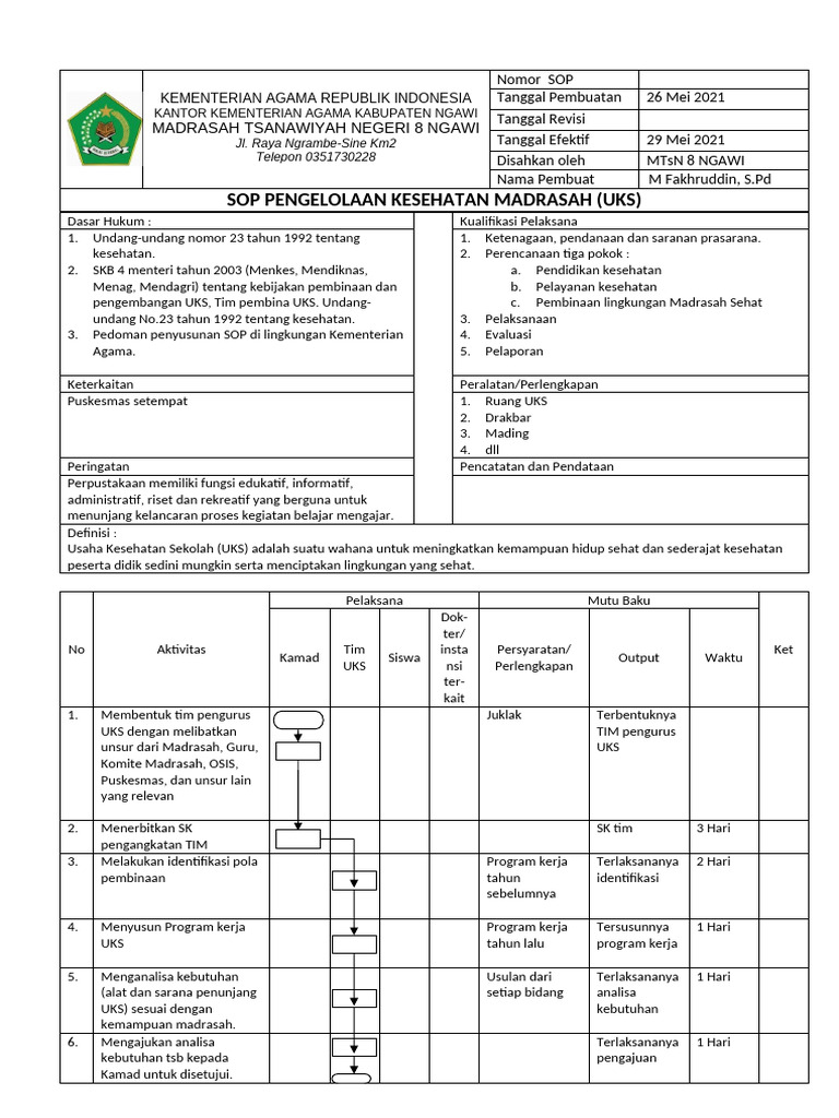 SOP PENGELOLAAN UKS Fahrudin, S.PD | PDF