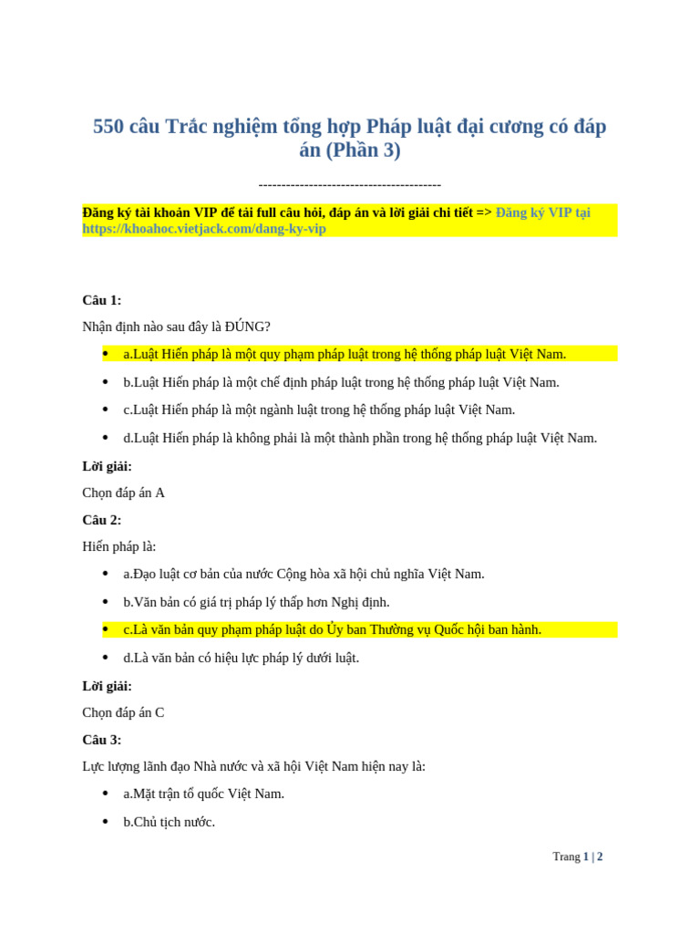 550 Cau Trac Nghiem Tong Hop Phap Luat Dai Cuong Co Dap An Phan 3 - 2024 - 12 - 18 | PDF