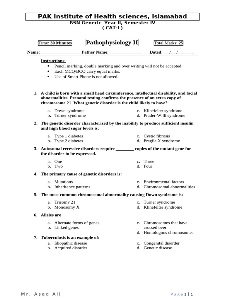 Pathophysiology II MCQ Exam | PDF