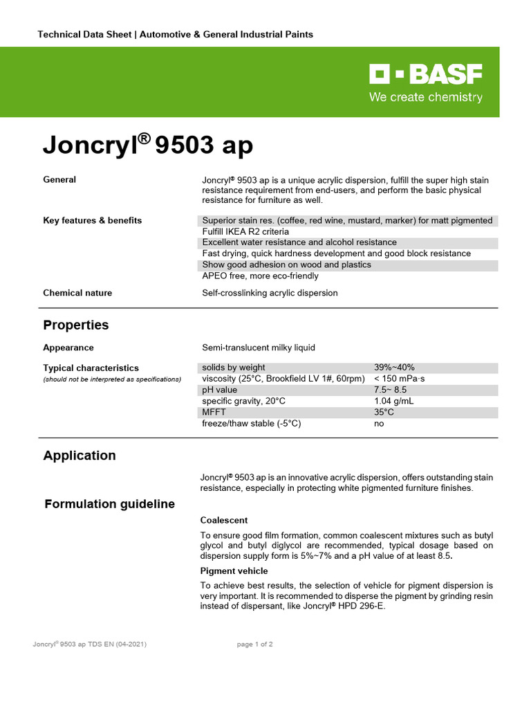 Joncryl 9503 Ap - TDS - EN - 202104 - 0 | PDF | Materials