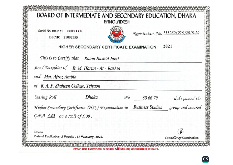 HSC Certificate | PDF