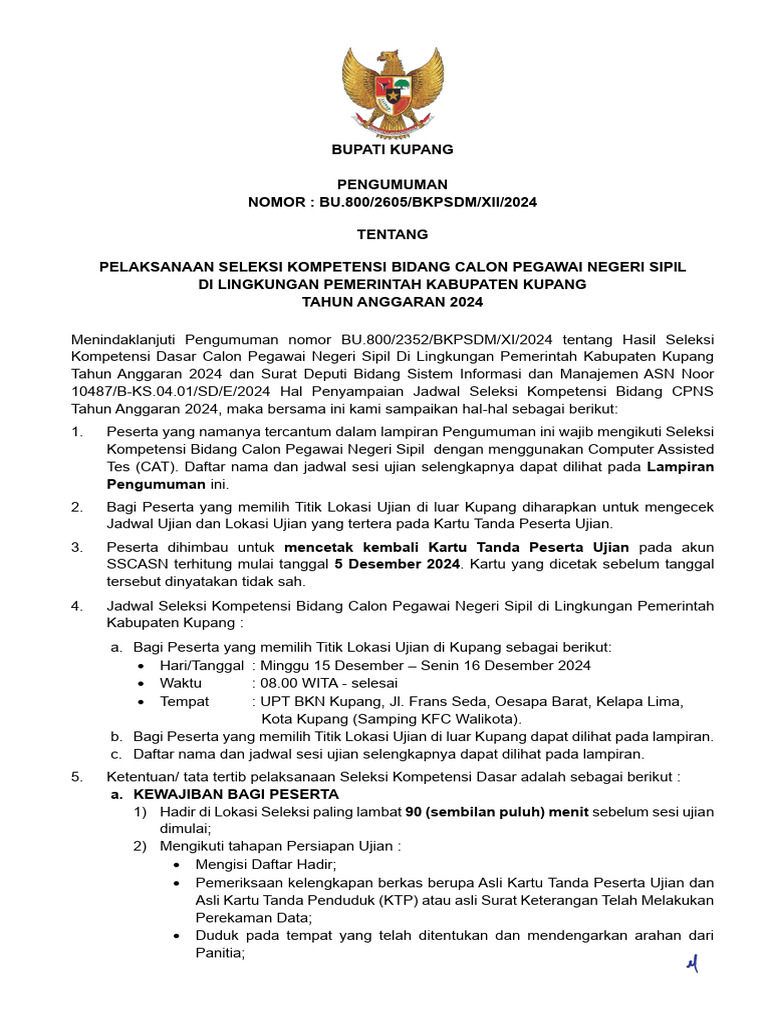 Pengumuman Pelaksanaan SKB Cpns Kab Kupang Ta. 2024 | PDF