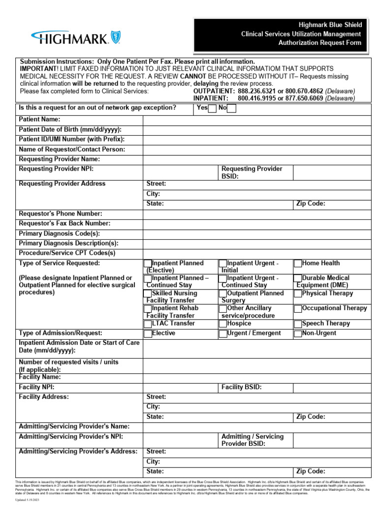 Highmark Utilization Management Form | PDF | Patient | Health Sciences