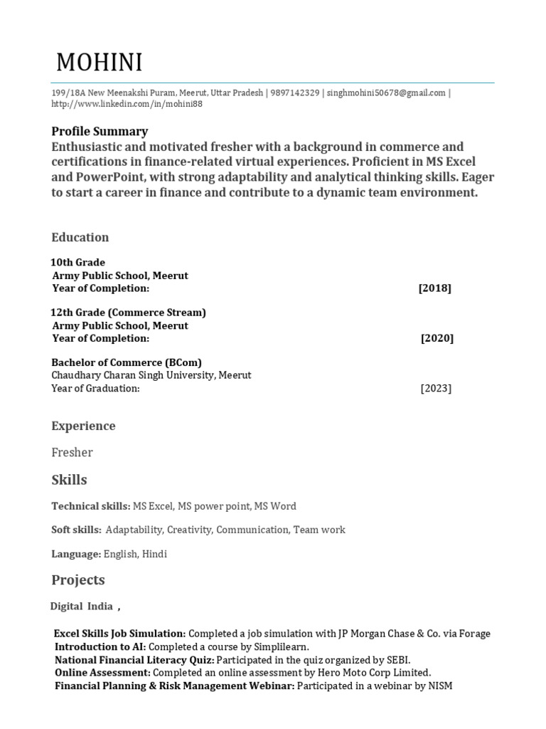 Mohini 118811 (1) 8 Resume 88 | PDF