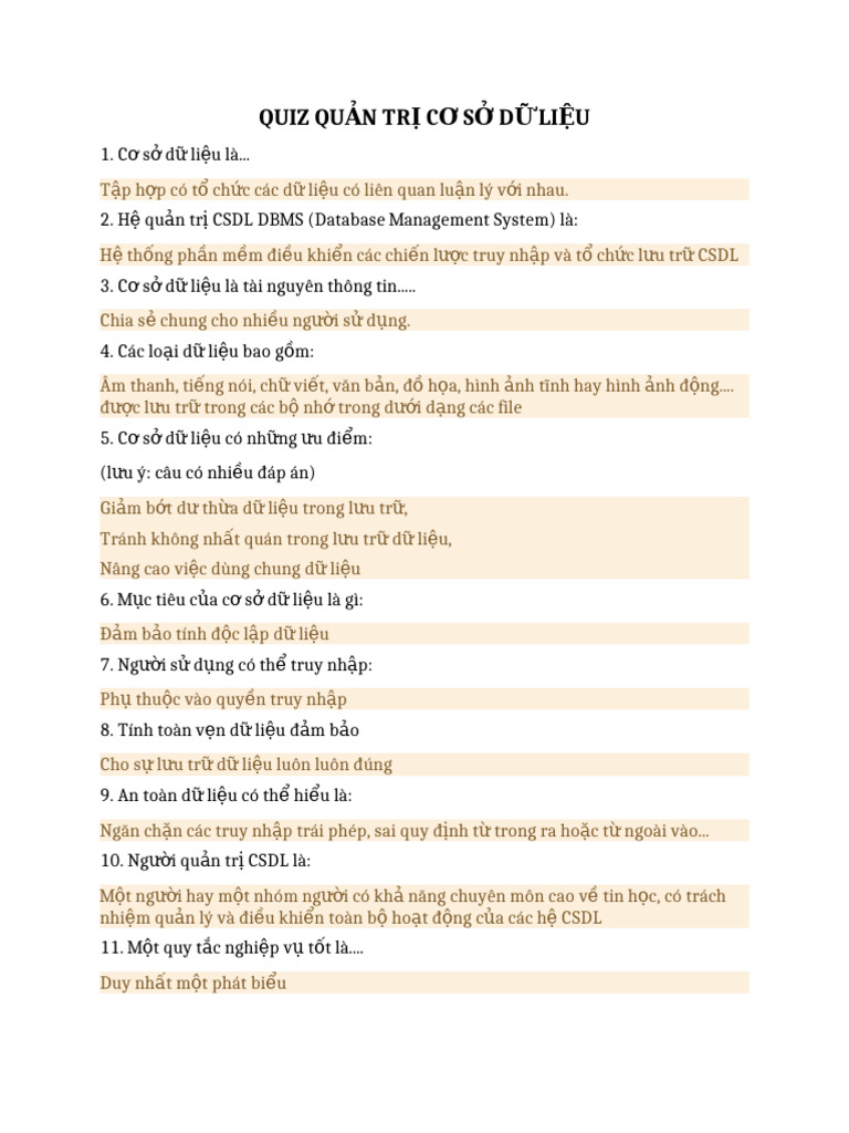 QUIZ QTCSDL THI | PDF