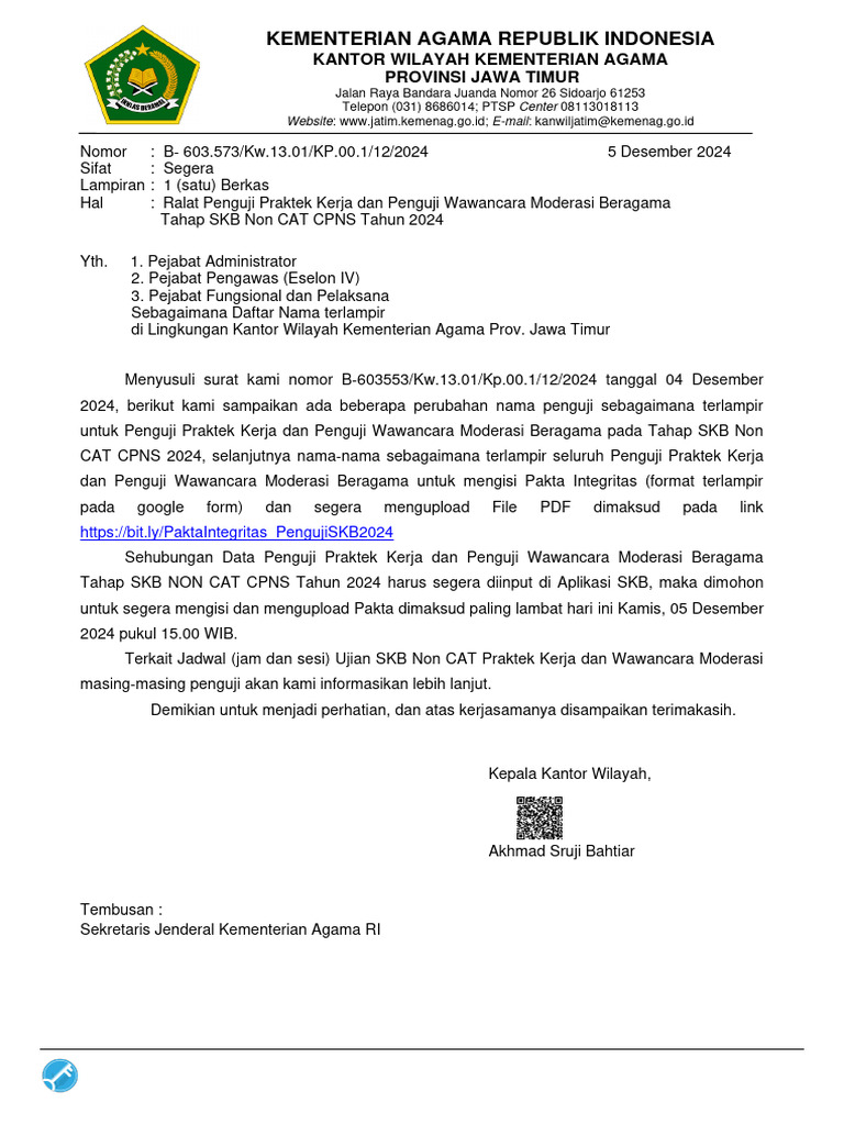 SRT Dns - Ralat Penguji Praktek Kerja Dan Penguji Wawancara Moderasi Beragama Tahap SKB Non CAT ...