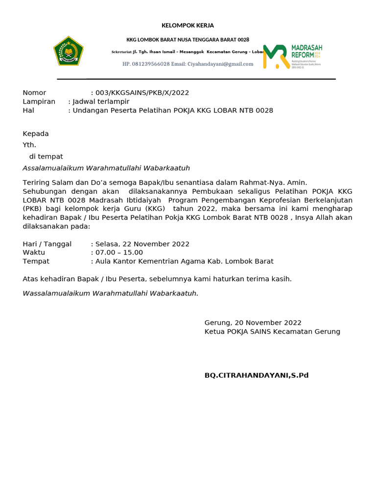 SURAT UNDANGAN PESERTA PKB KKGMI | PDF