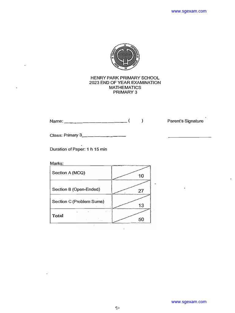 Primary 3 Math Exam 2023 | PDF