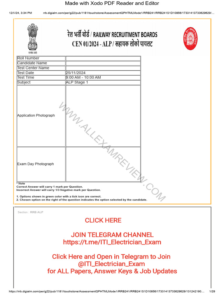 RRB ALP 2024 Stage 1 25 Nov Shift 1 Official Questions Paper | PDF ...