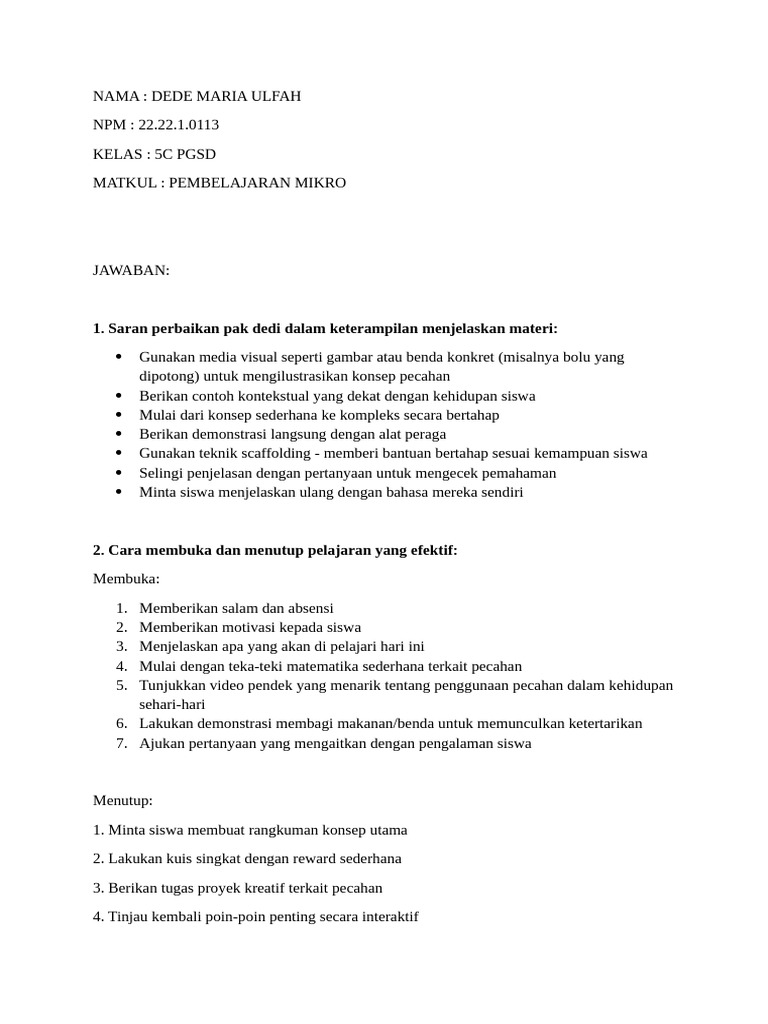 Dede Maria Ulfah 5c Uts Pembelajaran Mikro | PDF