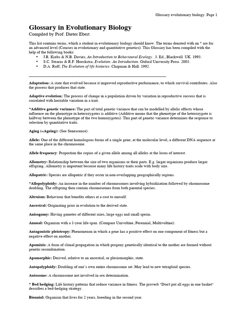 Glossary in Evolutionary Biology Author Dieter Ebert | PDF | Zygosity | Evolution