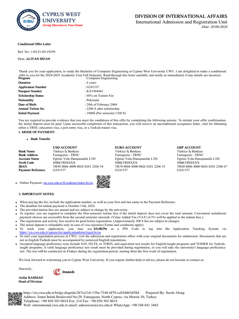 Conditional Acceptance Letter | PDF | Fee | Payments