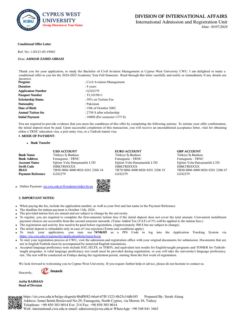 Conditional Offer for Civil Aviation Management | PDF | Payments
