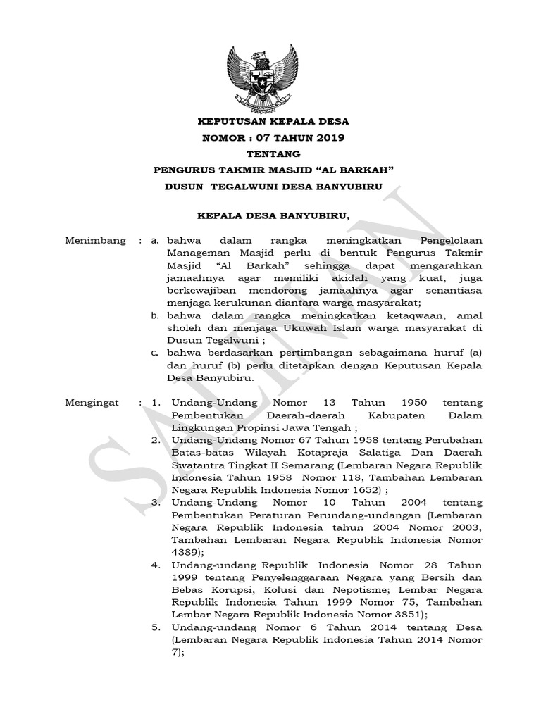 7 SK No 7 Tahun 2019 Tentang Pengurus Takmir Masjid Al Barkah | PDF