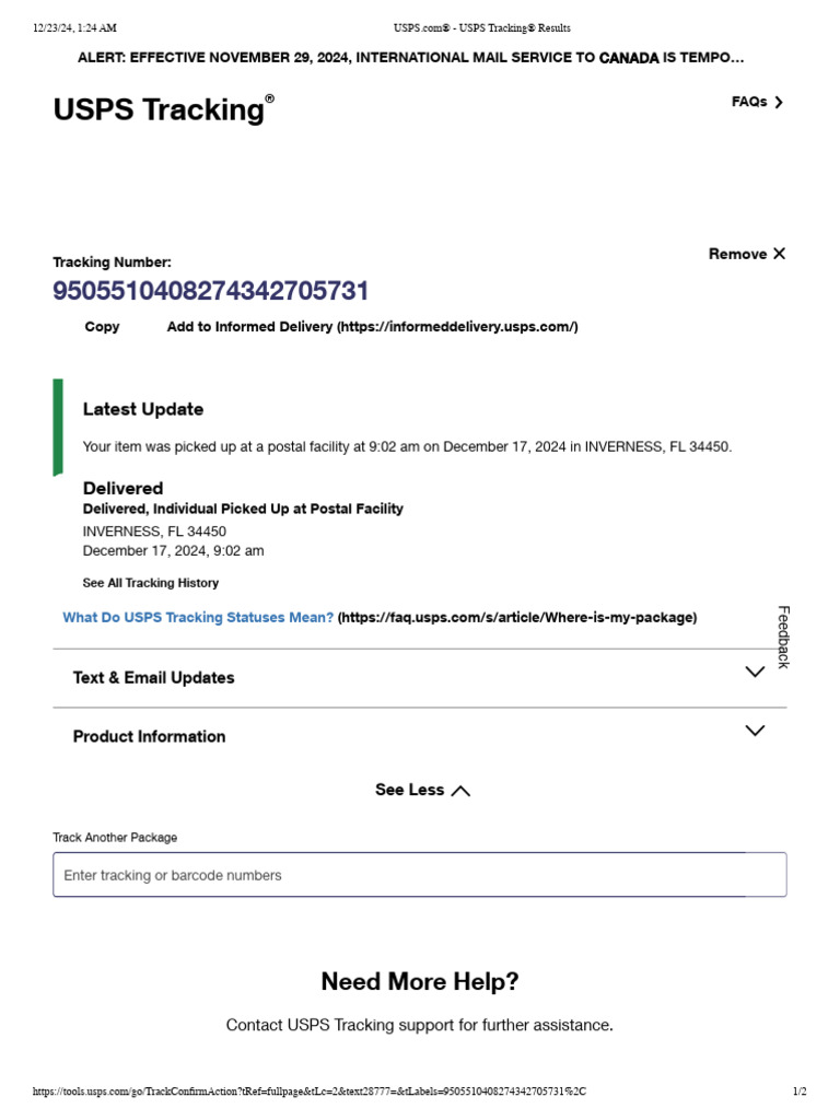 Delivery Confirmation 12-17-24 USPS Prority Mail ...