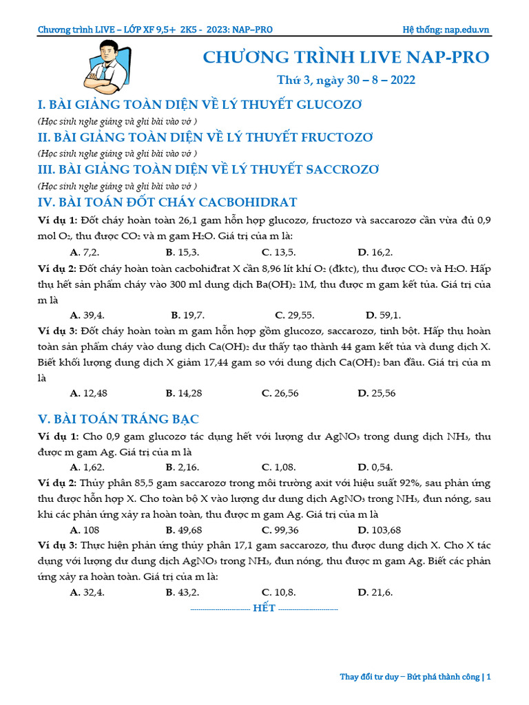 1. Thứ 3 - Bài giảng glucozo-fructozo-saccarozo (không cách dòng) | PDF