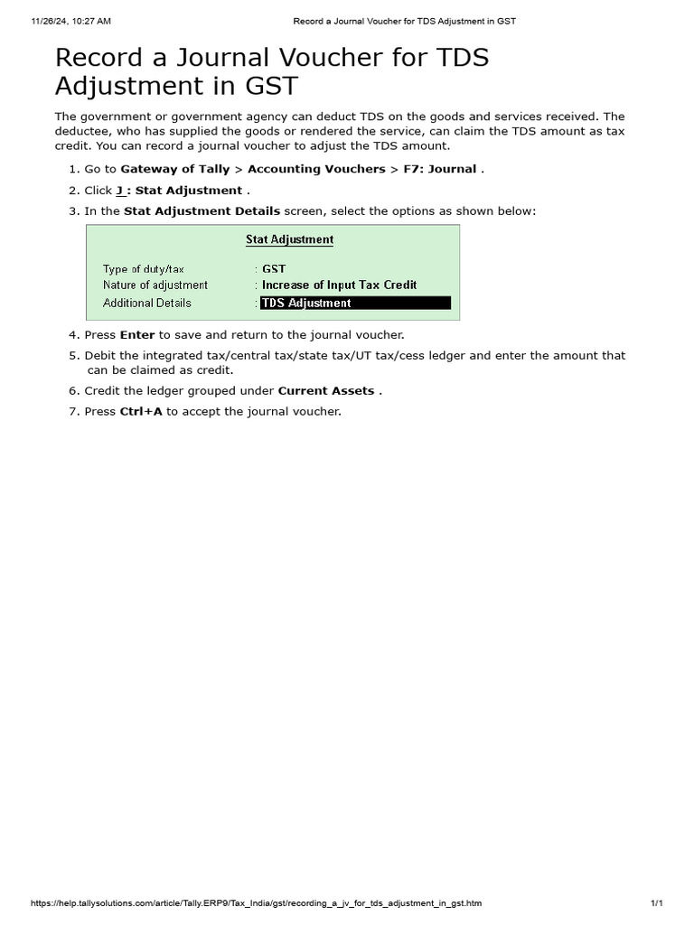 Record a Journal Voucher for TDS Adjustment in GST | PDF