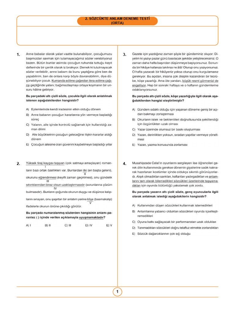 Sözcükte Anlam Denemesi̇ 14 Aralik | PDF