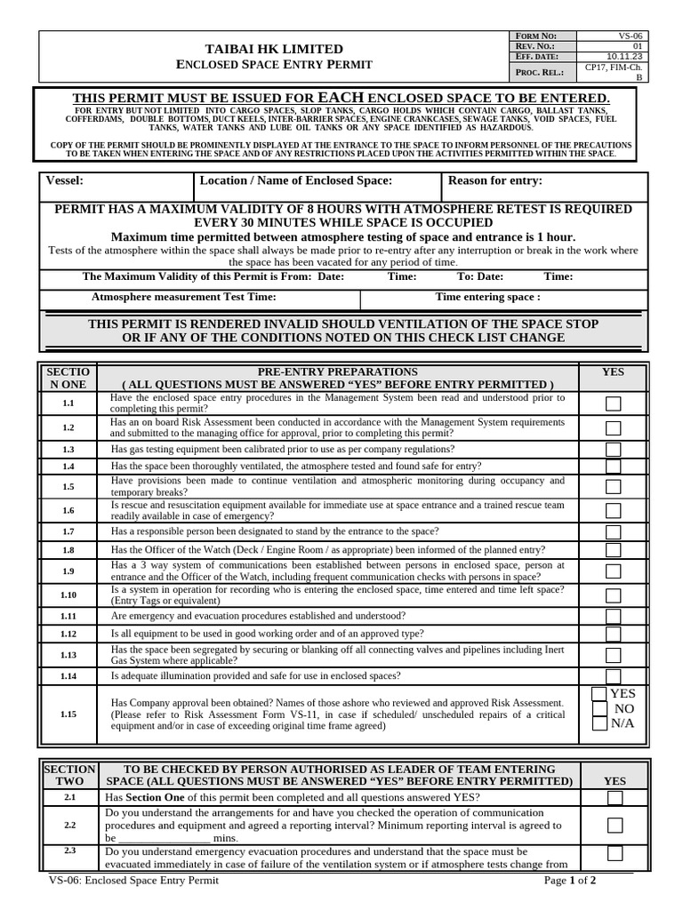 Enclosed Space Entry Permit Form VS-06 | PDF | Safety | Occupational ...
