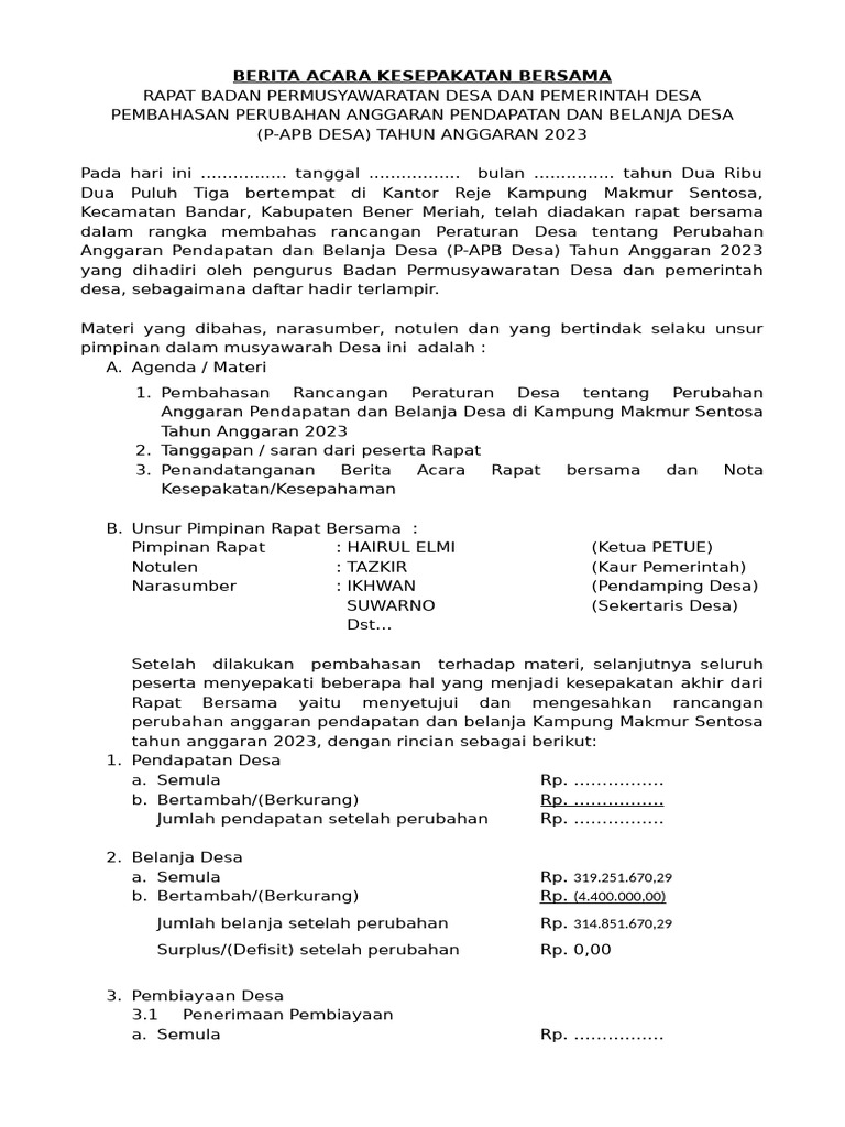 Berita Acara Perubahan APBDes 2023 | PDF