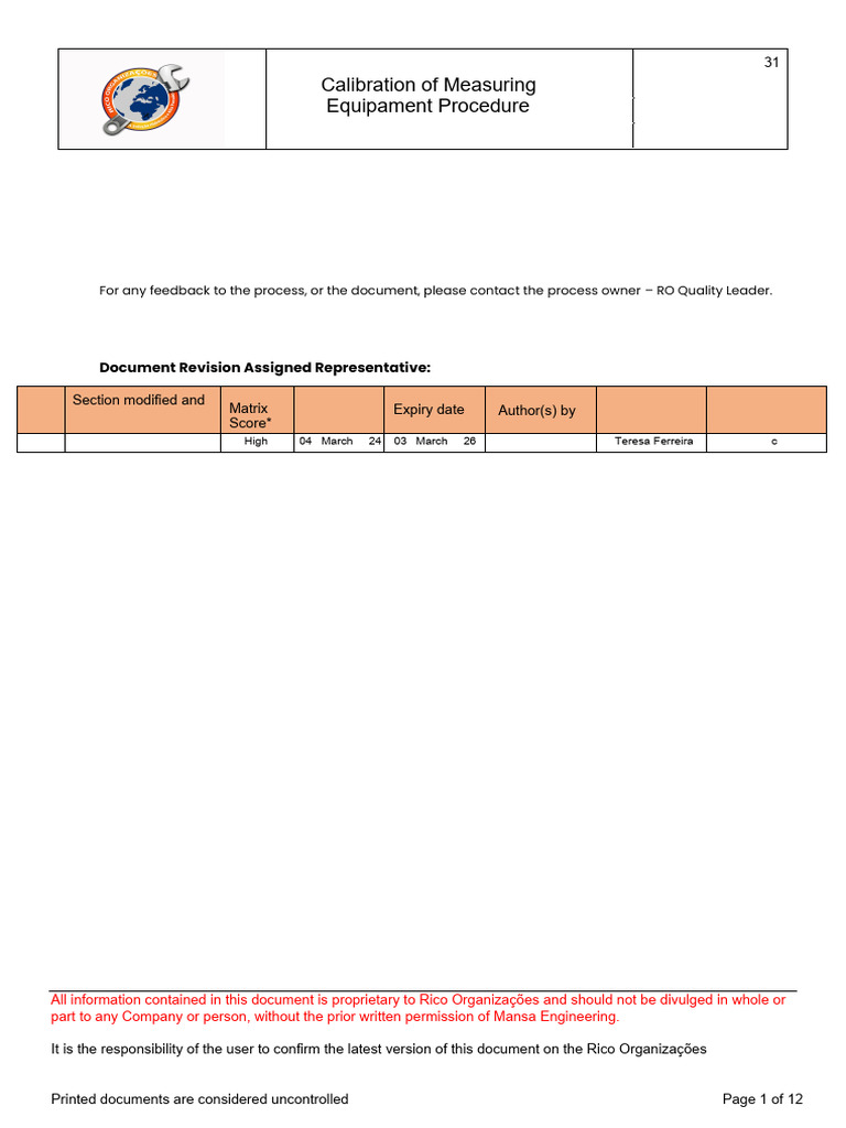 Measuring Equipment Calibration Procedure RO SSA L E Q 031 | PDF | Calibration | Verification ...