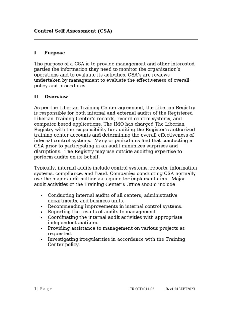 Checklist Control Self Assessment Form (CSA) Training Center | PDF ...