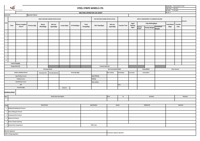Melting Operator Log Sheet A4 | PDF | Energy Technology | Mechanical ...